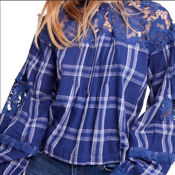 Free People | Tops | Free People Lace Blue Flannel Top | Poshmark